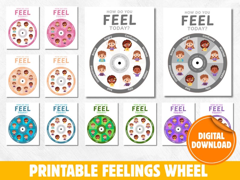 Printable Feelings Wheel for Kids | Emotion Chart in 12 Colors ...