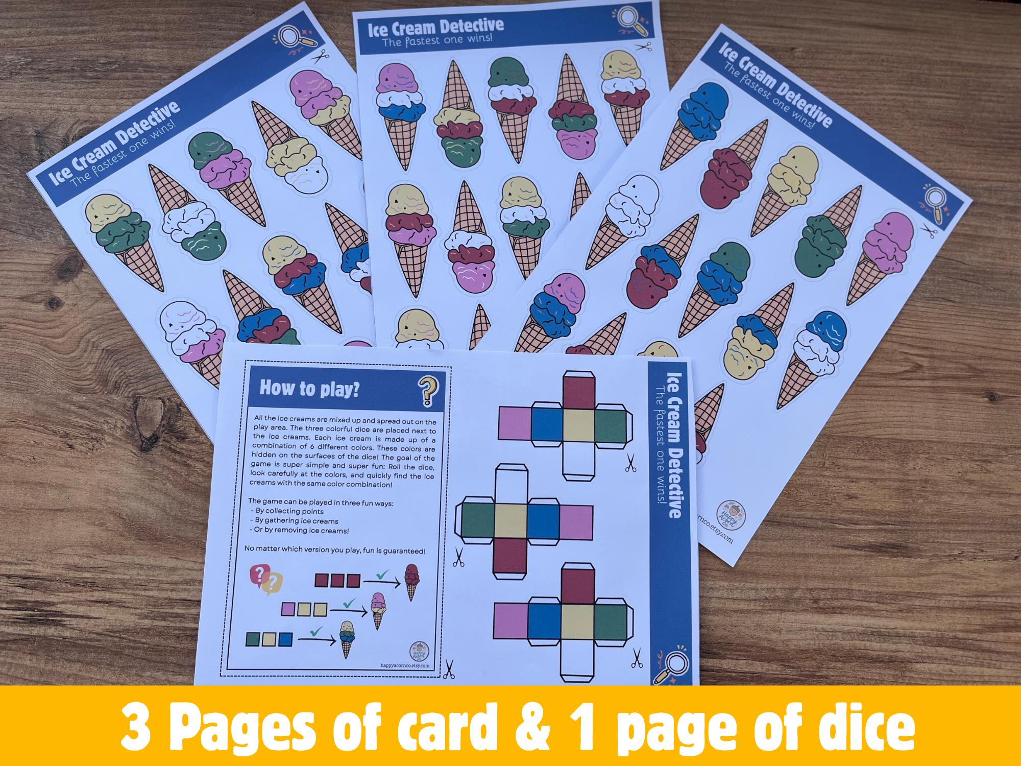 Ice Cream Detective Printable Game for Kids | Color Matching Dice Game ...
