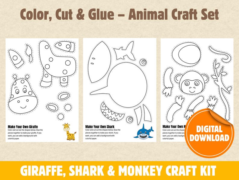 Printable Animal Craft Set for Kids – Cut, Color & Glue Activity ...