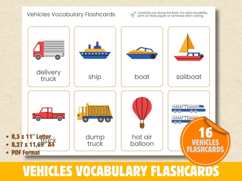 Montessori Vehicle Vocabulary Flashcards – 16 Printable ESL Cards for ...