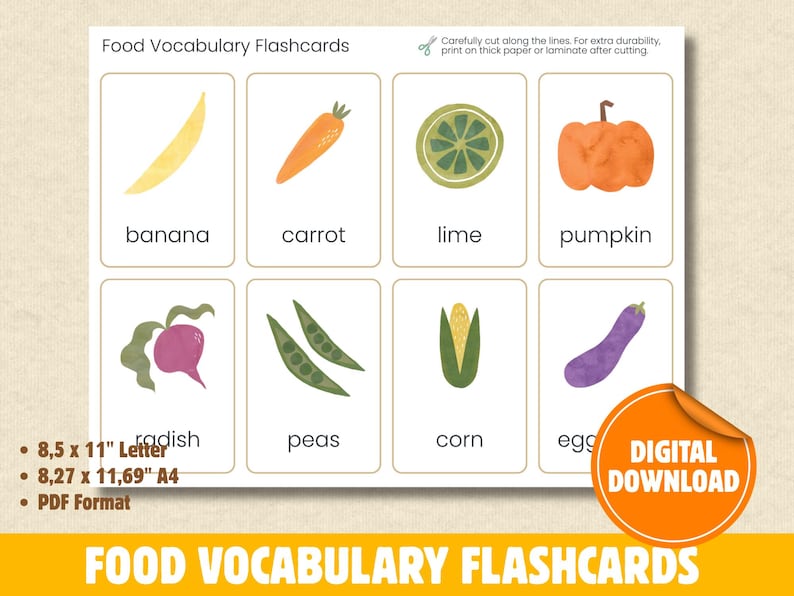 Montessori Food Vocabulary Flashcards for Kids – Printable PDF in A4 ...