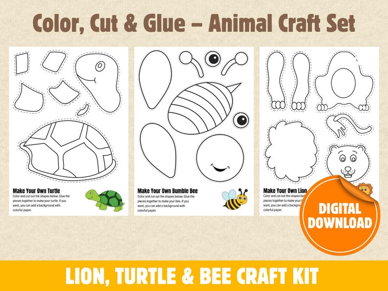 Printable Animal Craft Set for Kids – Cut, Color & Glue Activity – Lion ...