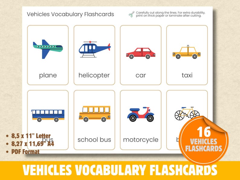 Montessori Vehicle Vocabulary Flashcards – 16 Printable ESL Cards for ...