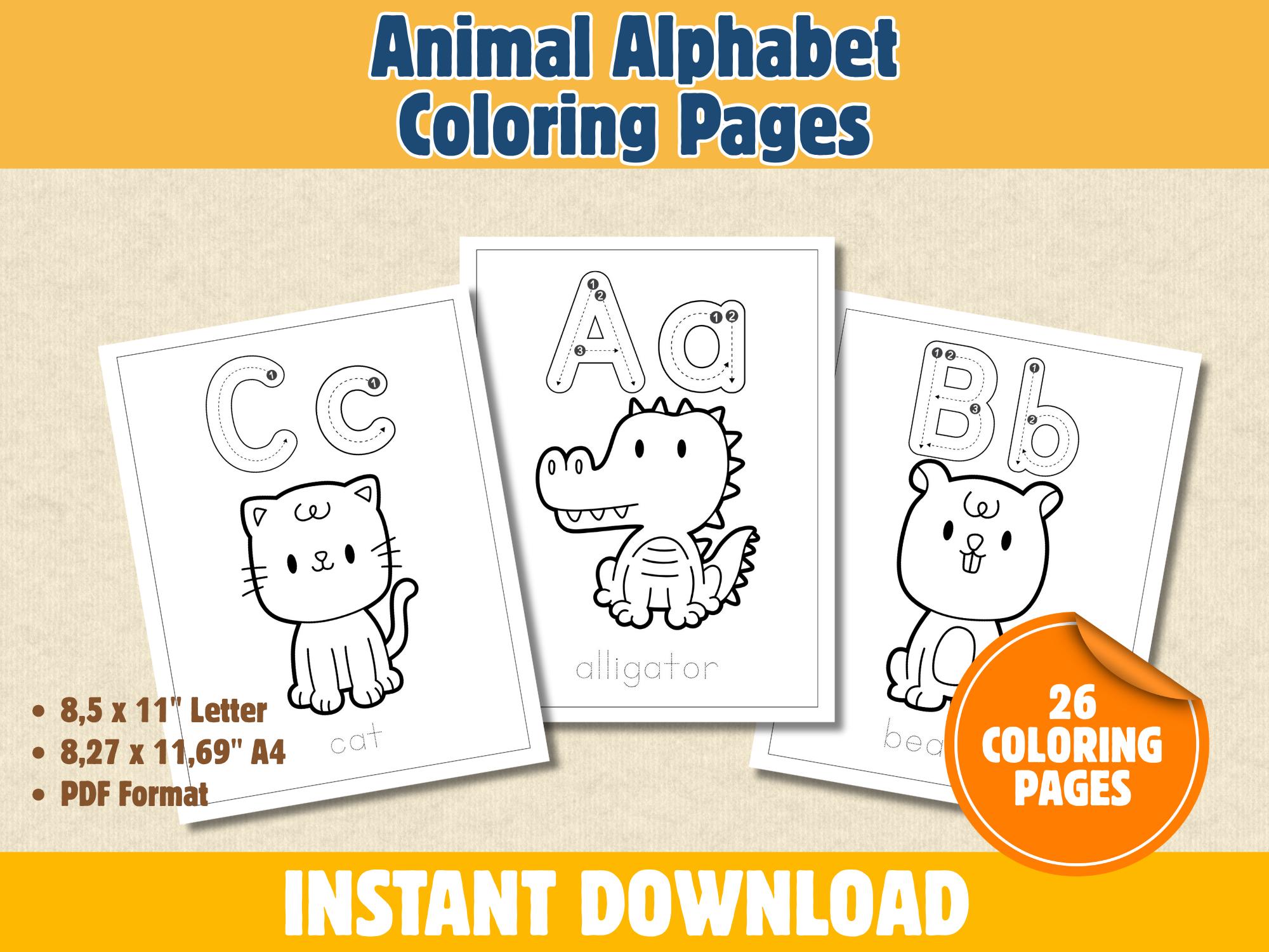 Animal Alphabet Tracing and Coloring Worksheets | A-Z Letter Practice ...