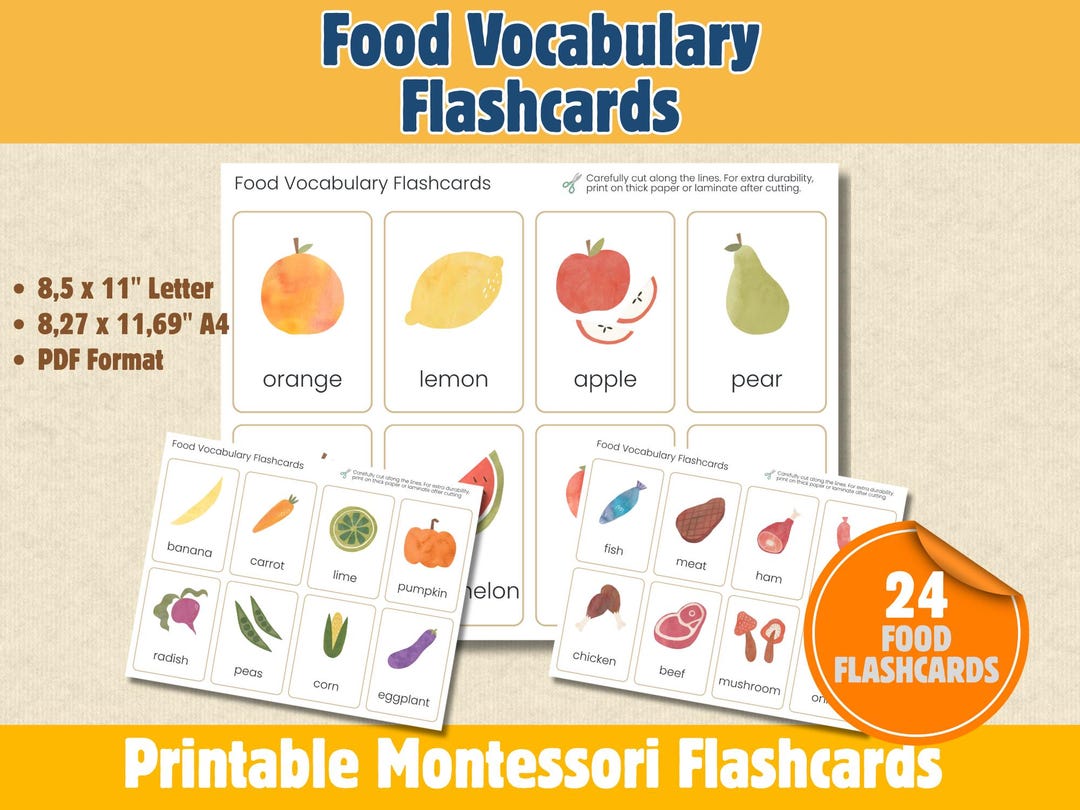 Montessori Food Vocabulary Flashcards for Kids – Printable PDF in A4 ...