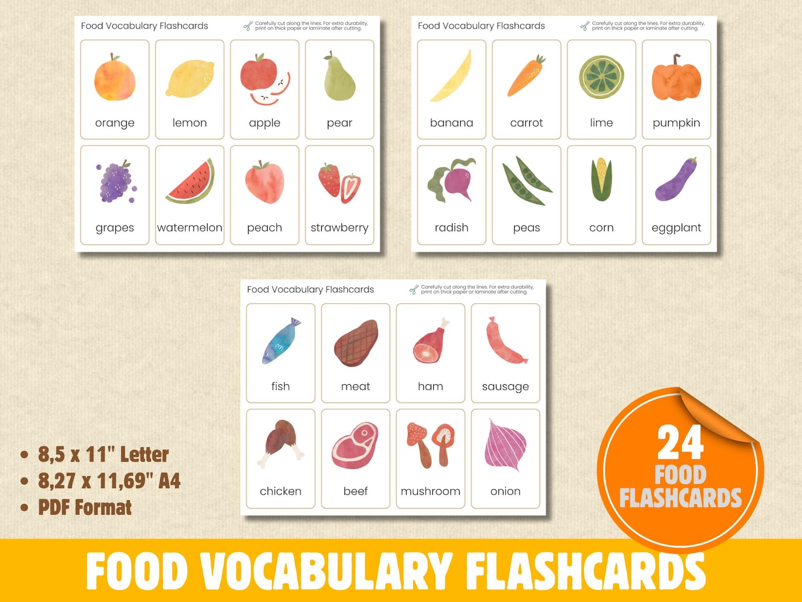 Montessori Food Vocabulary Flashcards for Kids – Printable PDF in A4 ...