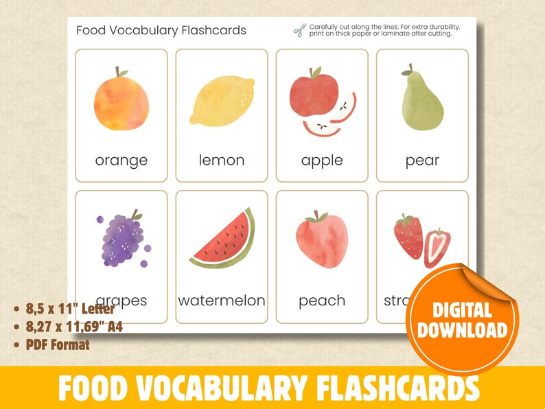 Montessori Food Vocabulary Flashcards for Kids – Printable PDF in A4 ...