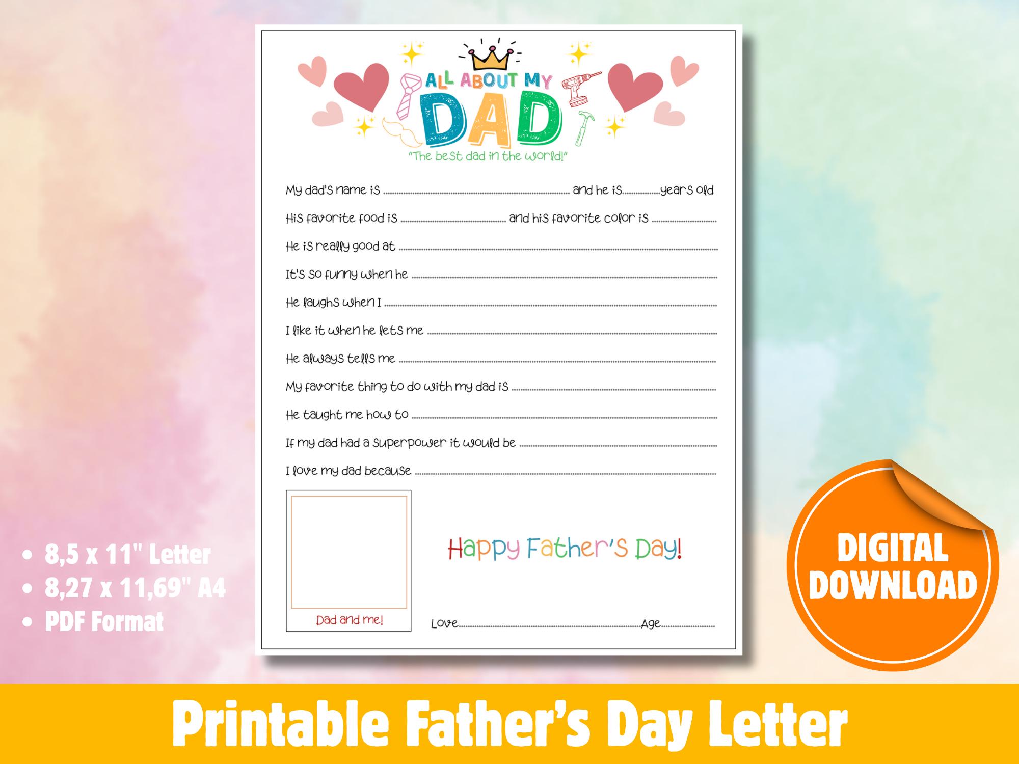 All About My Dad L Printable Father’s Day Letter & Envelope | Fill-in ...