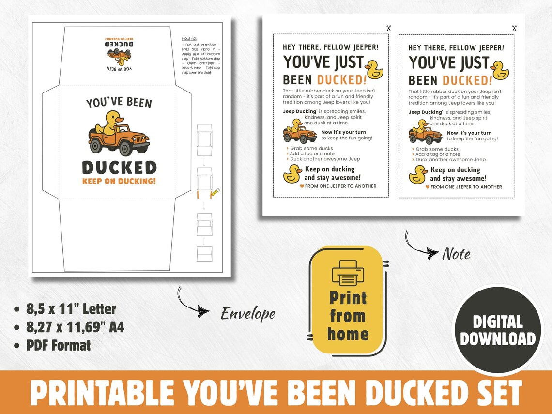 Printable Jeep Duck Tags, Notes and Envelope - You’ve Been Ducked Set ...