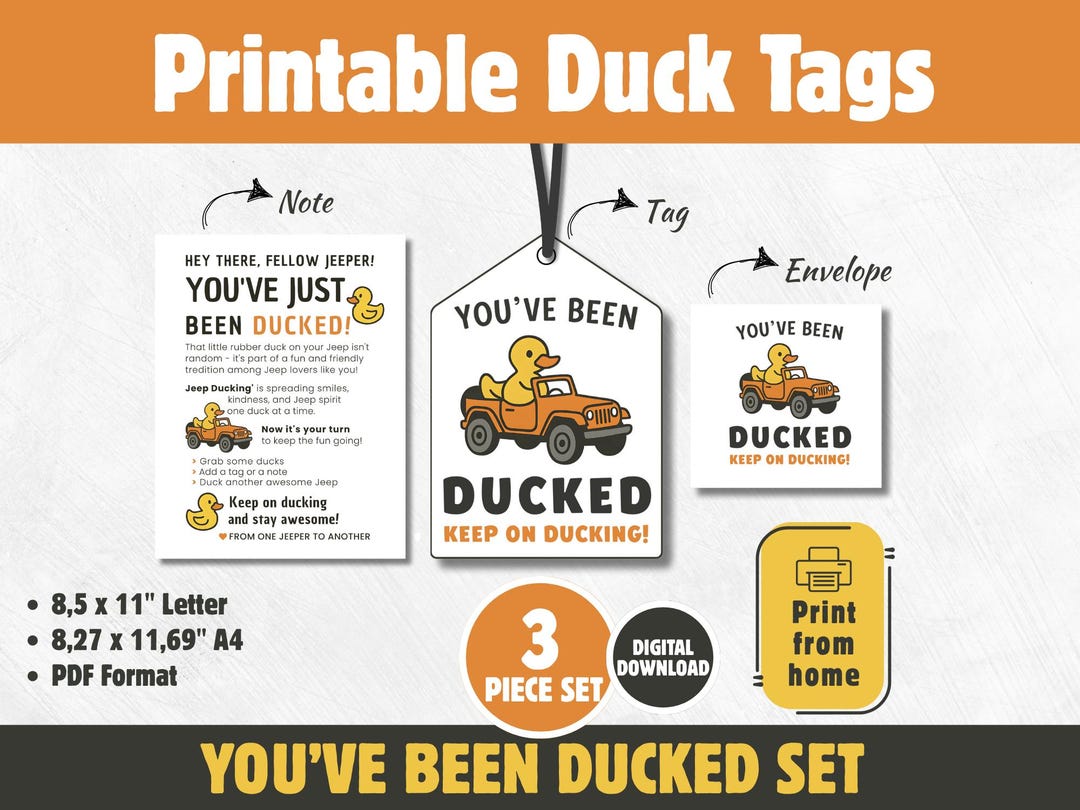 Printable Jeep Duck Tags, Notes and Envelope - You’ve Been Ducked Set ...