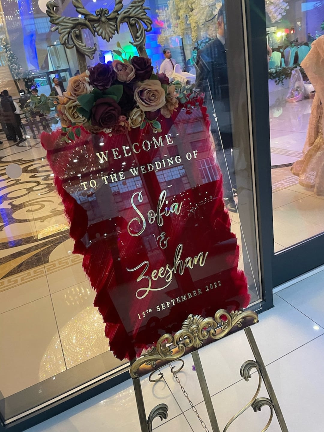 Clear Acrylic Painted Burgundy Wedding Welcome Sign, 3D Gold Names ...