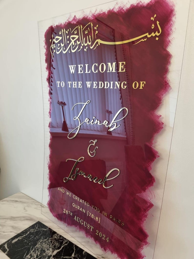 Clear Acrylic Painted Burgundy Wedding Welcome Sign, 3D Gold Names ...