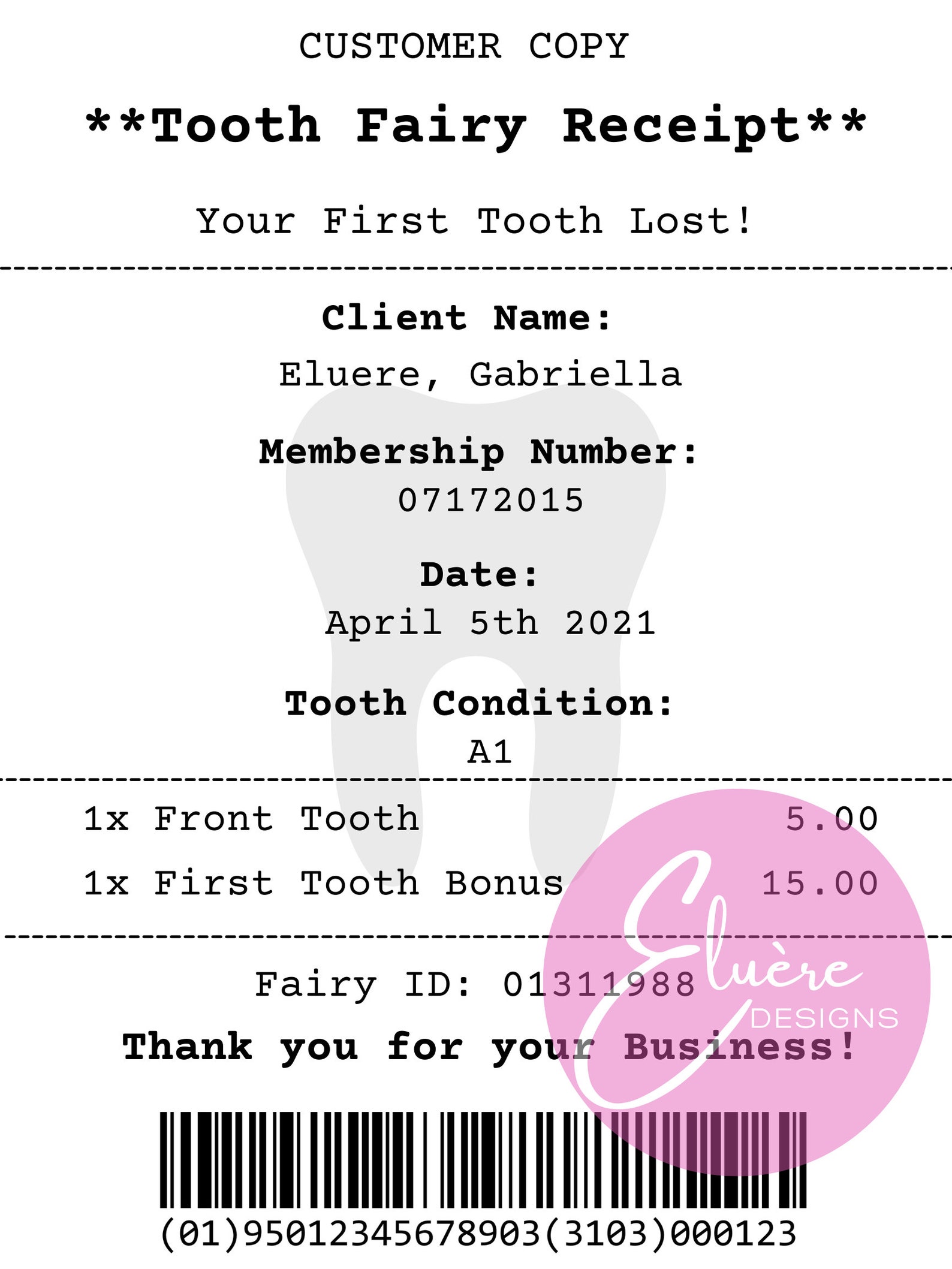 Receipt From Tooth Fairy - Customized - Etsy