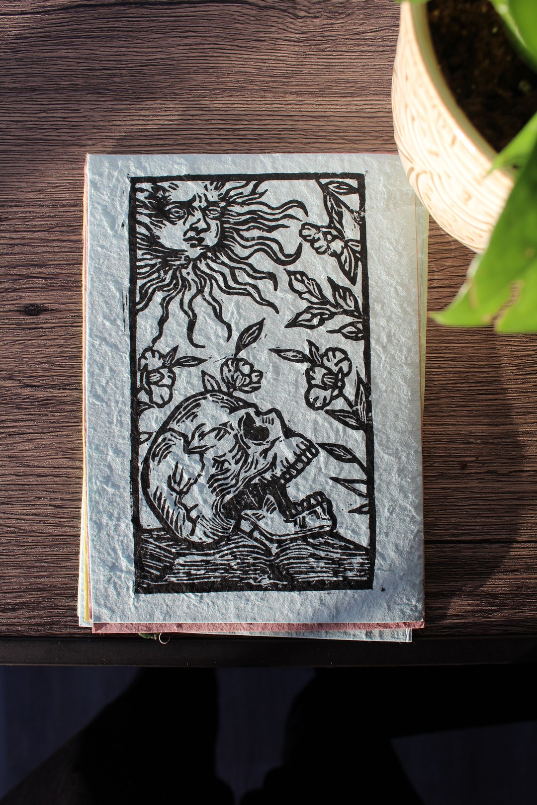 Linocut Print Skull, Sun and Book Print Tattoo Style Linocut Print ...