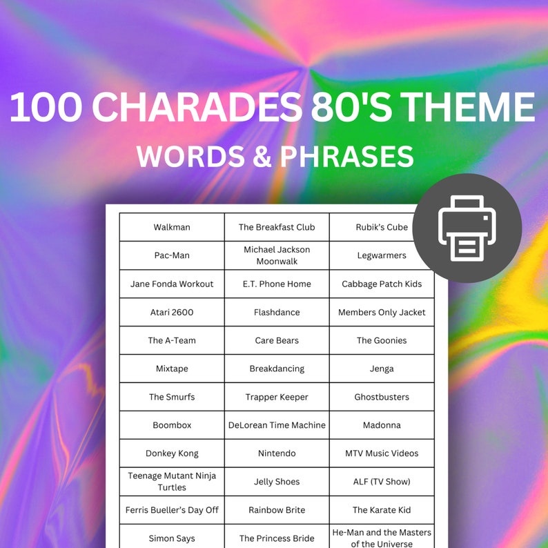 80's Theme Charades: 100 Printable Game Cards (PDF) - Etsy