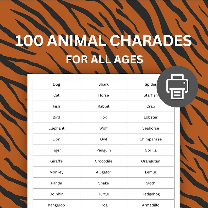 Animal Charades Game: 100 Printable Cards (PDF Download) - Etsy
