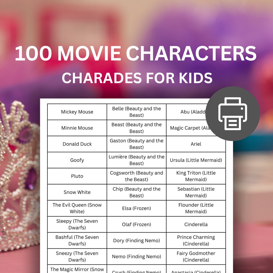 Printable Charades Set of 100 Movie Character. Kid Friendly and Family ...