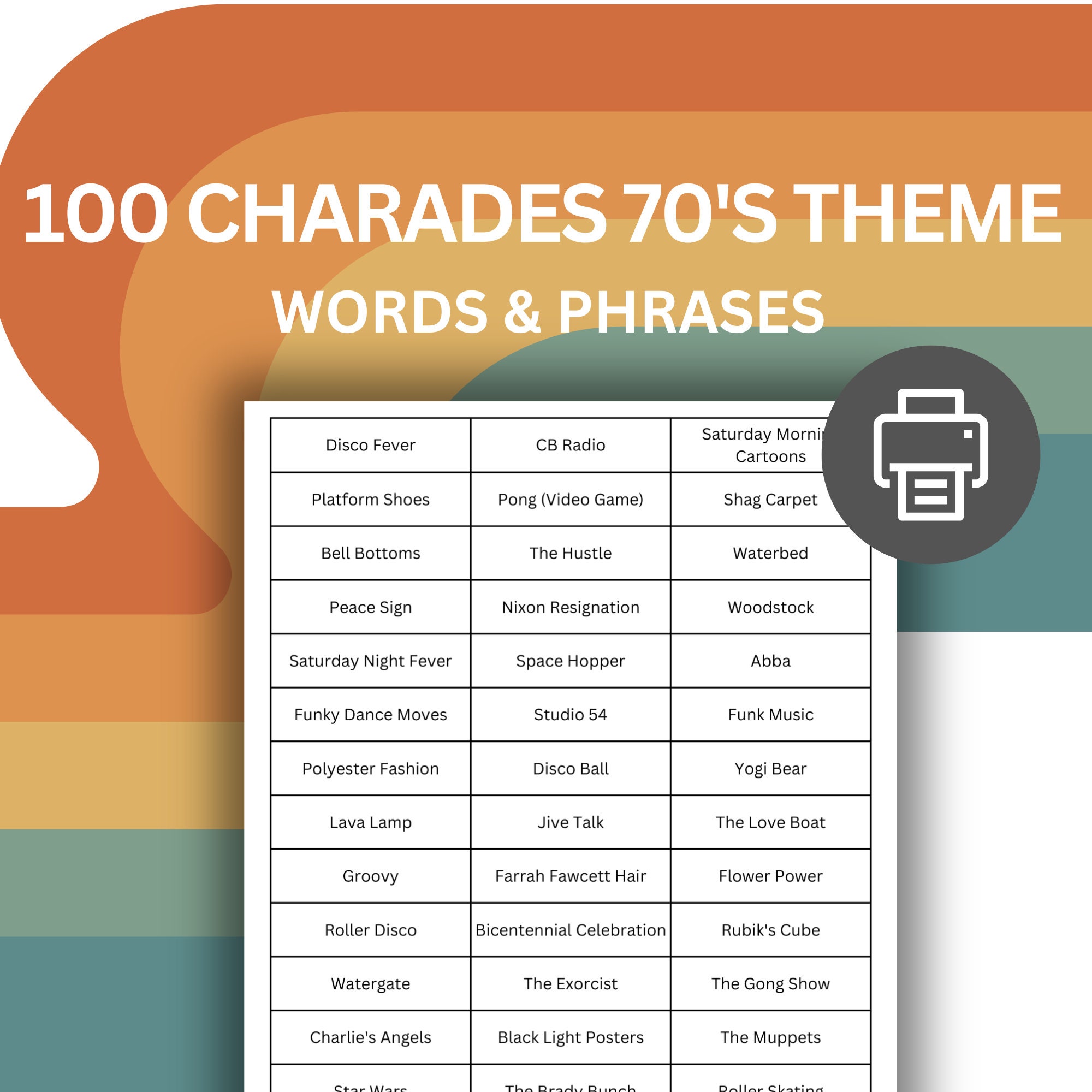 70's Theme Charades: 100 Printable Game Cards (PDF) - Etsy