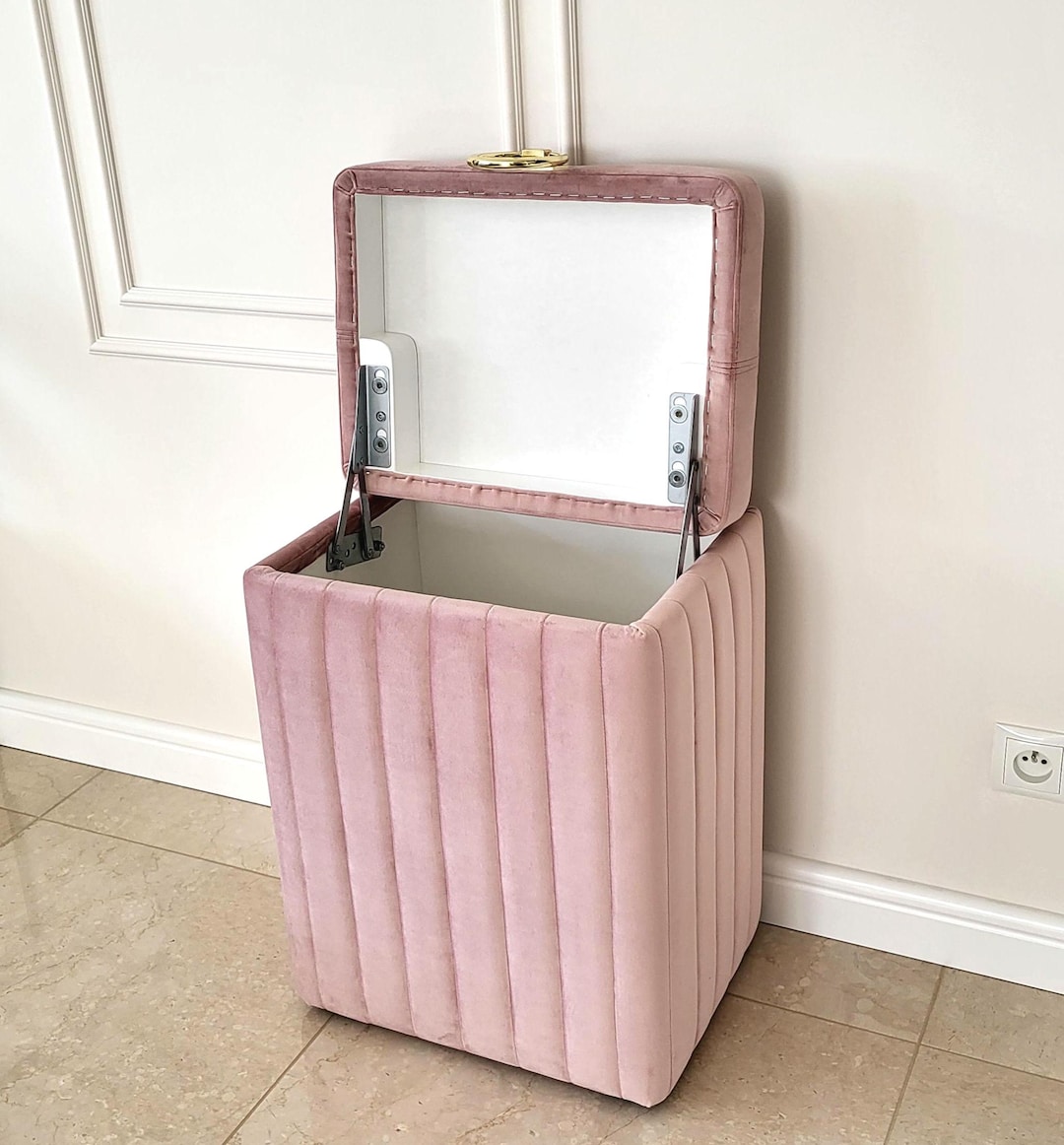 Pink Velvet Laundry Hamper With Gold Handle | Striped Velvet Storage ...