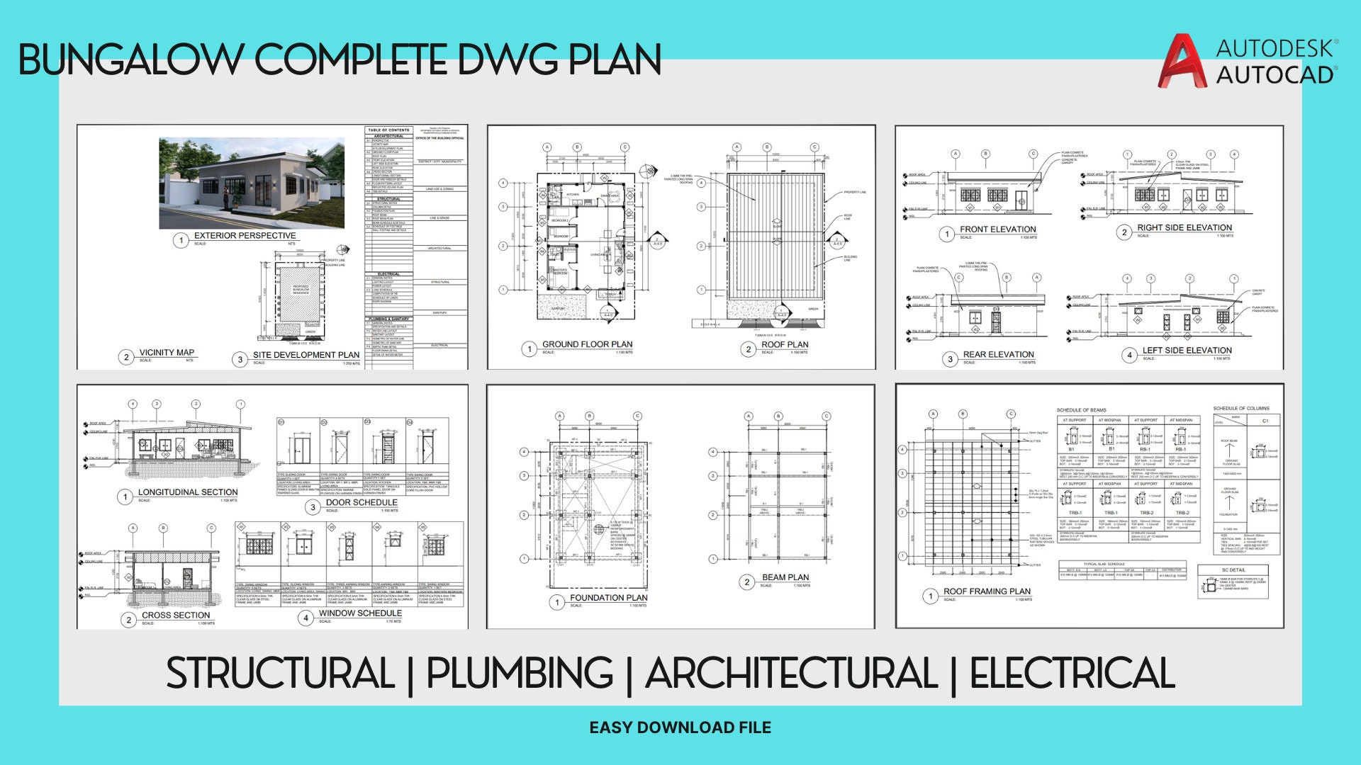 Bungalow Autocad Complete DWG Plans Autocad Plumbing Structural ...