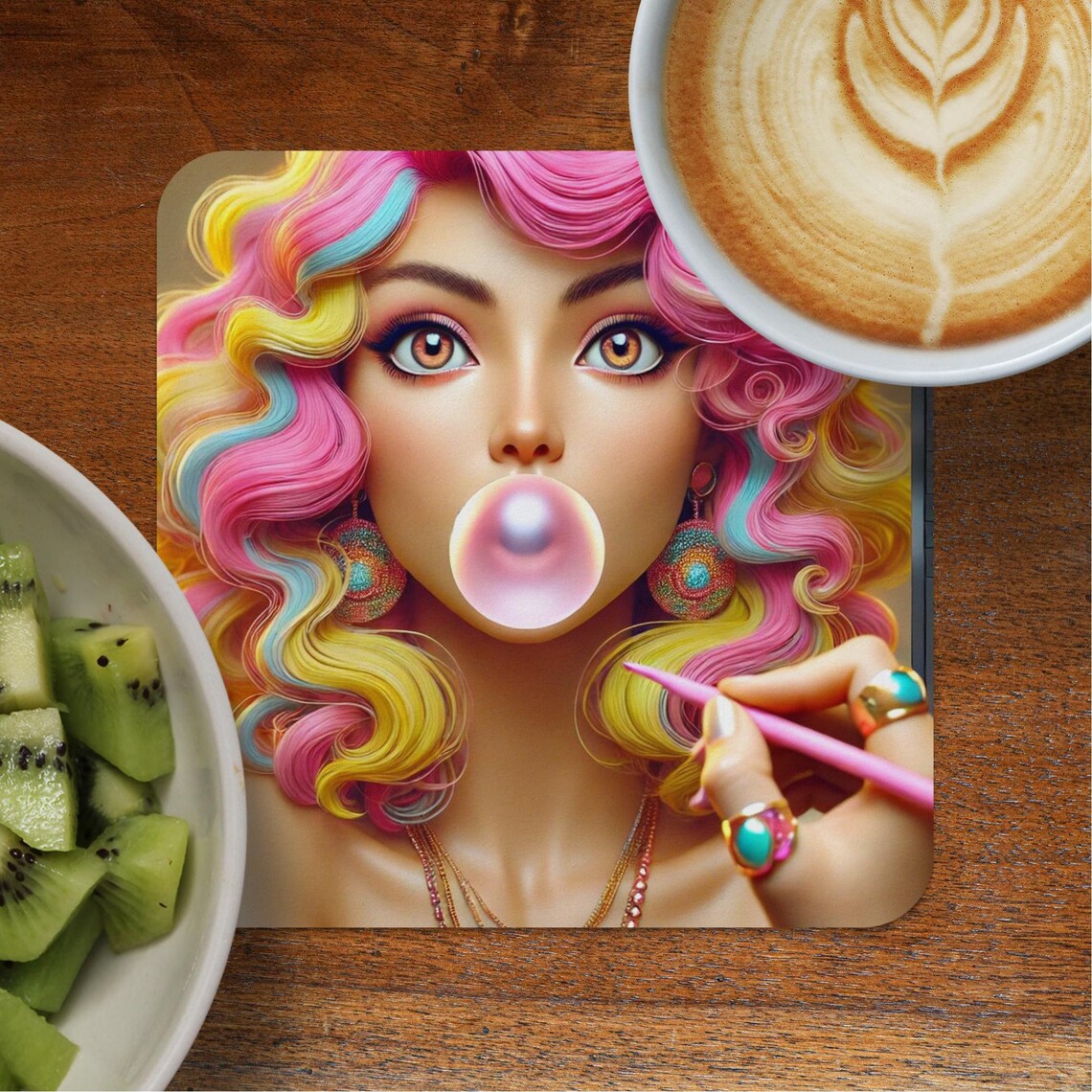 Colorful Pop Art Digital Print, Whimsical Woman With Bubble Gum, Bright ...