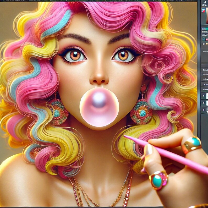 Colorful Pop Art Digital Print, Whimsical Woman With Bubble Gum, Bright ...