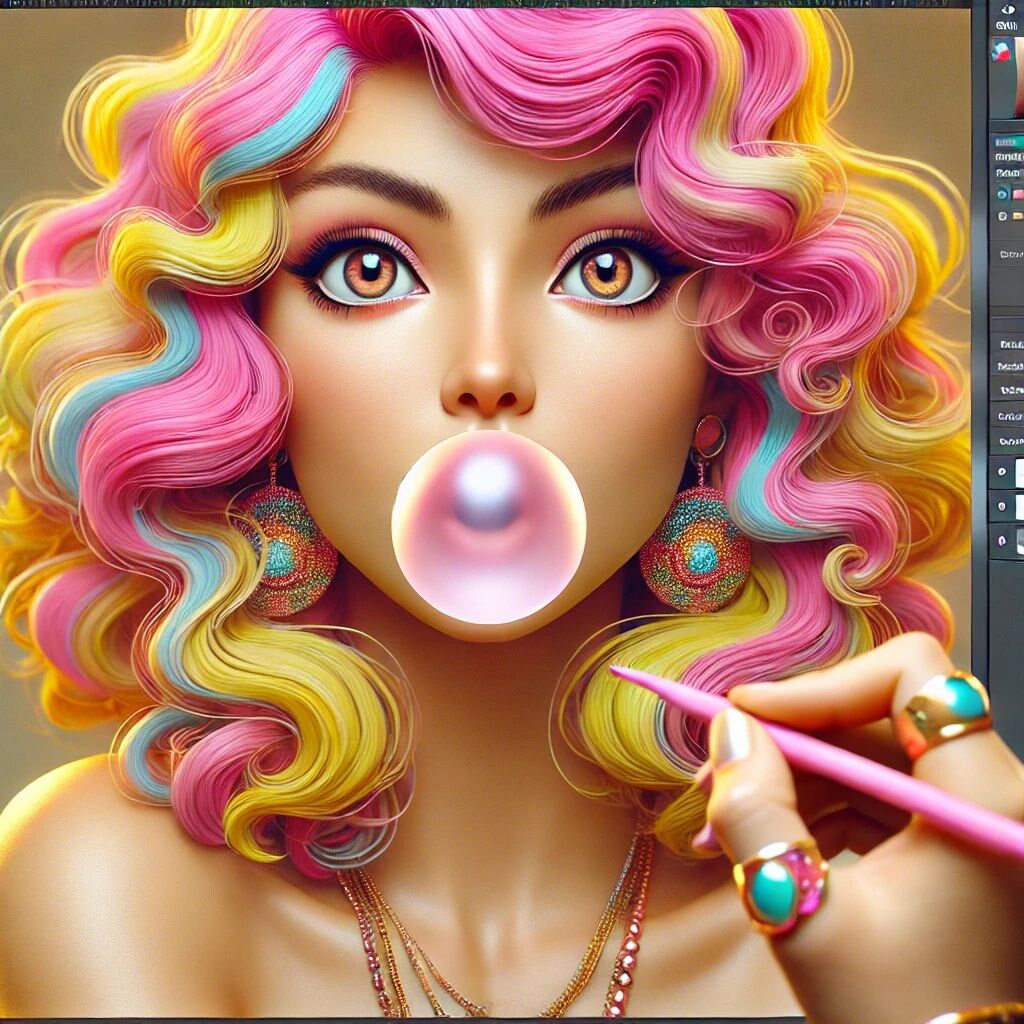Colorful Pop Art Digital Print, Whimsical Woman With Bubble Gum, Bright ...