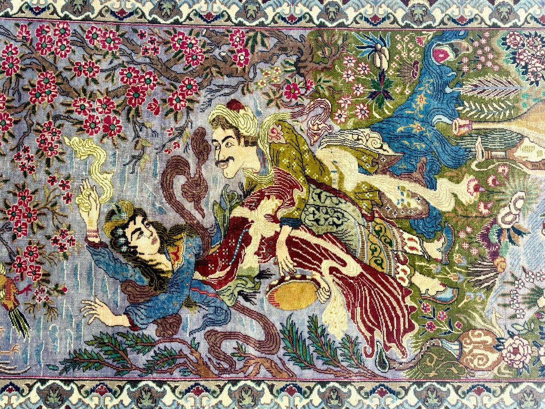 Antique Persian Pictorial Rug, Handwoven Vintage Art Carpet, Floral ...