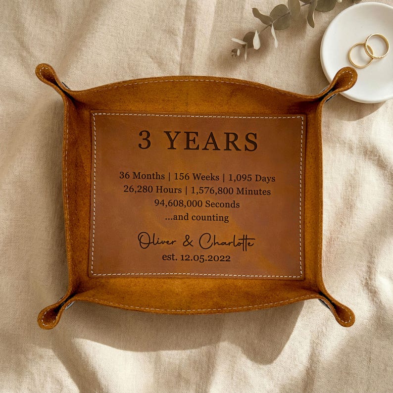 Personalized Leather Valet Tray, 3rd Anniversary Gift for Him, 3 Year ...