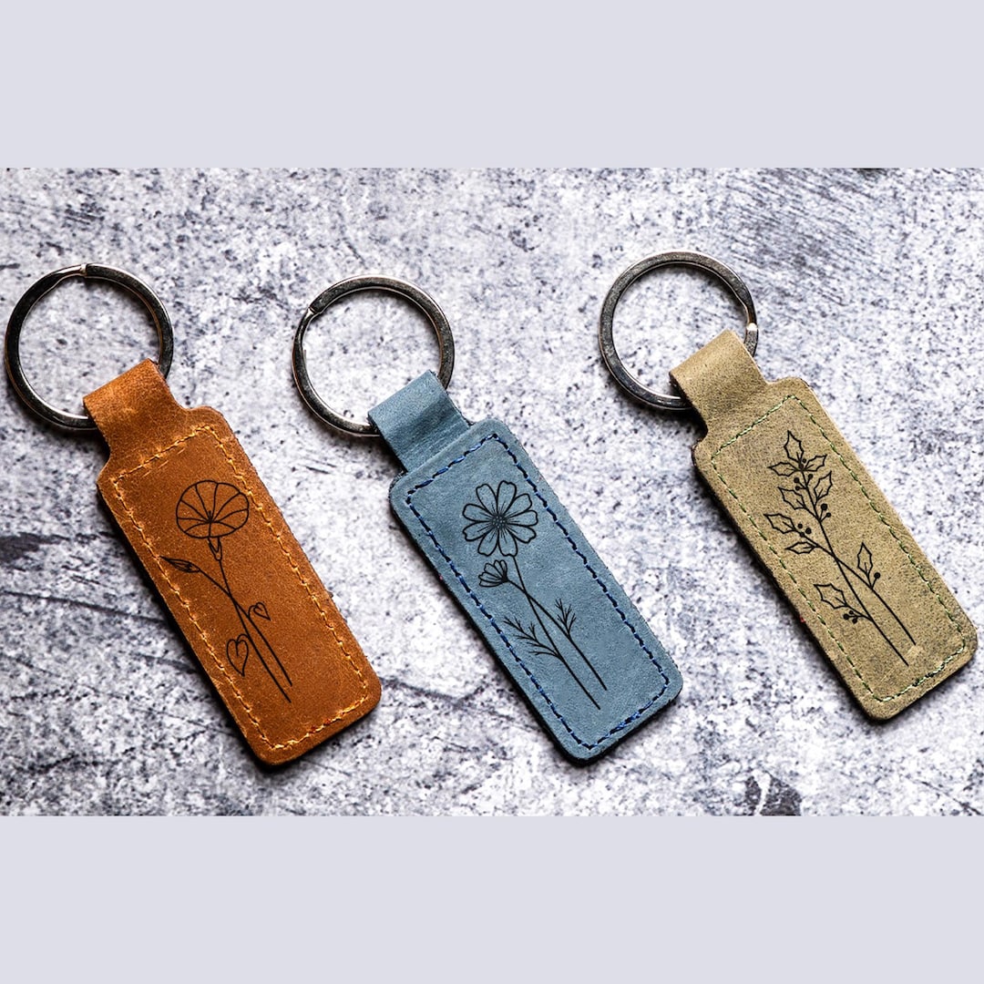 Birth Flower Leather Keychain: Personalized Engraved Gift - Etsy