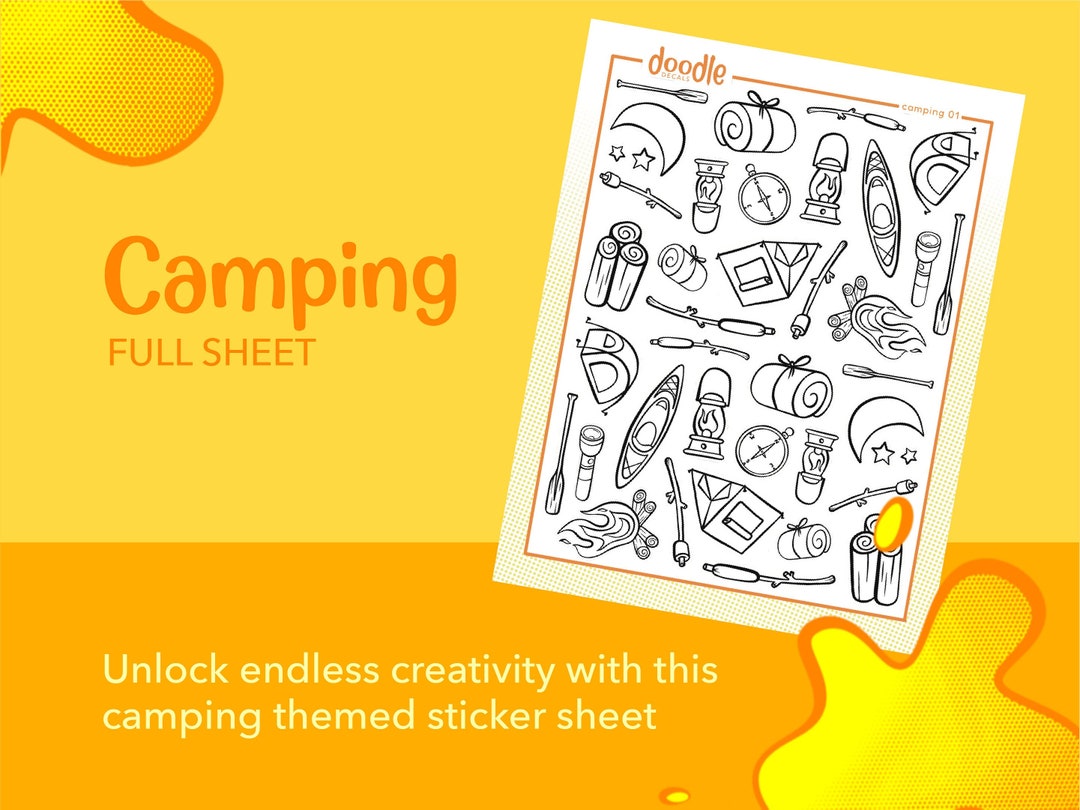 Full Page Camping Color Your Own Sticker Sheet: Print at Home Line Art ...