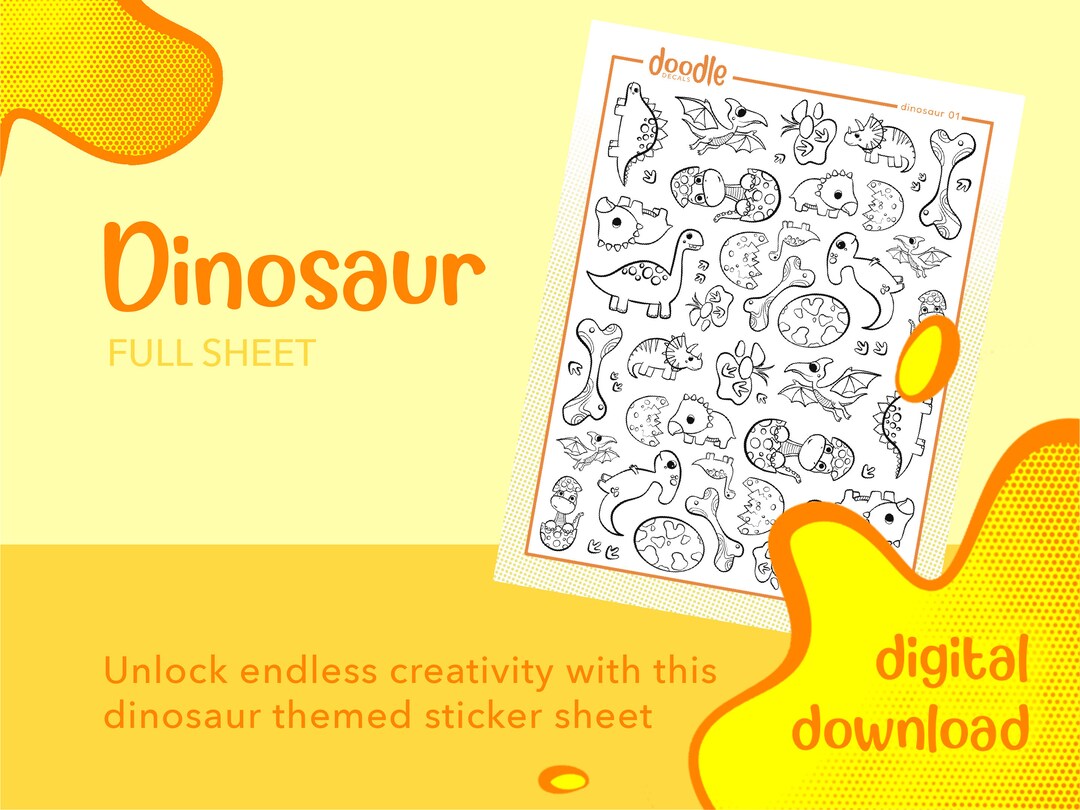Full Page Dinosaur Color Your Own Sticker Sheet: Print at Home Line Art ...