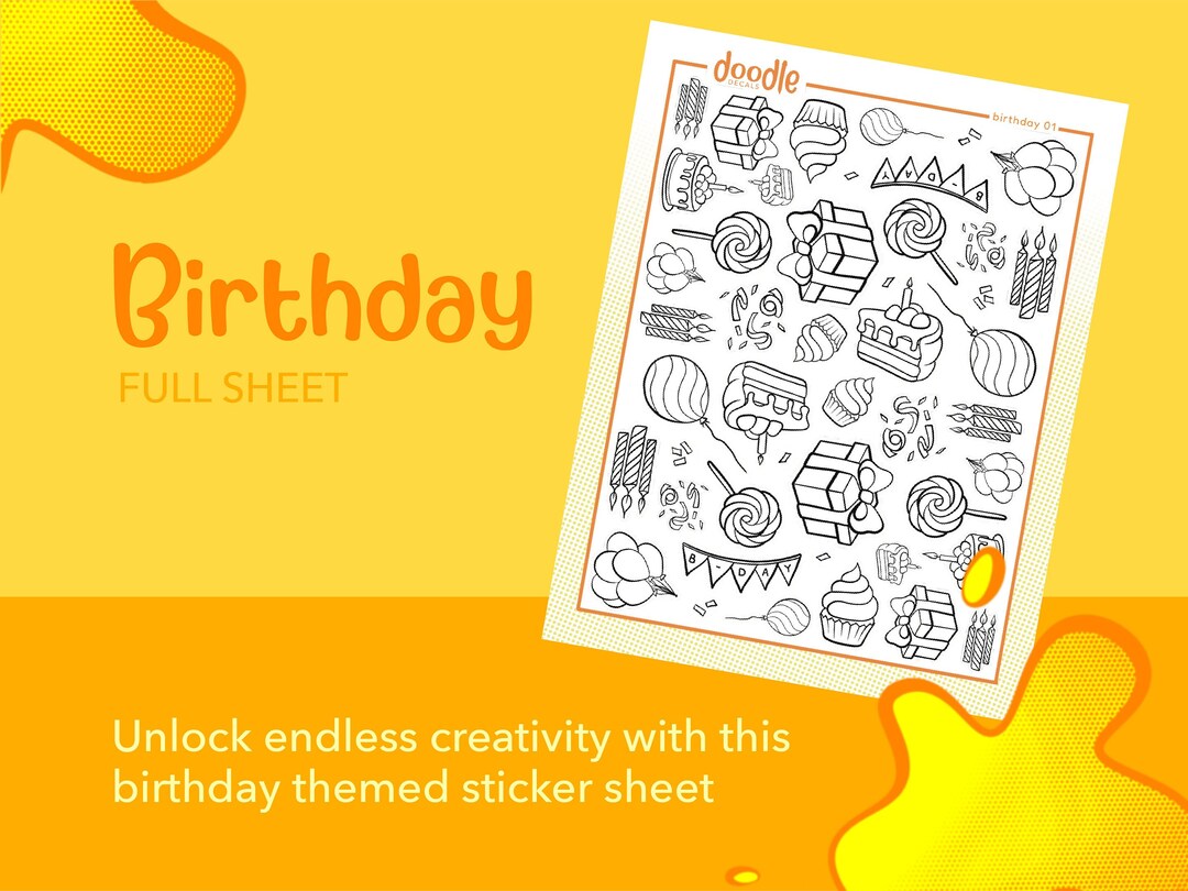 Full Page Birthday Color Your Own Sticker Sheet: Print at Home Line Art ...