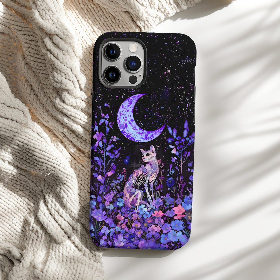 Whimsy Goth Skeleton Cat Phone Case, Cute Dark Mystical Floral ...