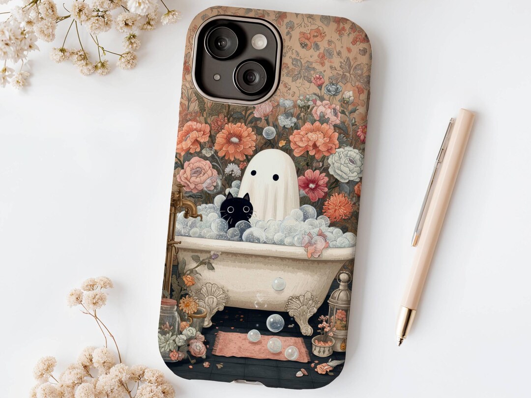 Cute Ghost Phone Case, Funny Halloween Phone Cover Gift, Flowered Black ...