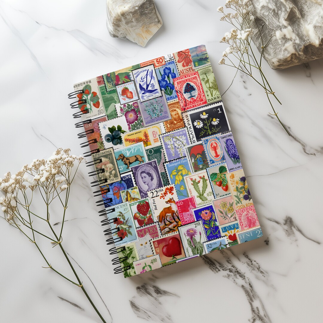 Vintage Stamp Collage Spiral Notebook, Unique School Notebook, Back to ...
