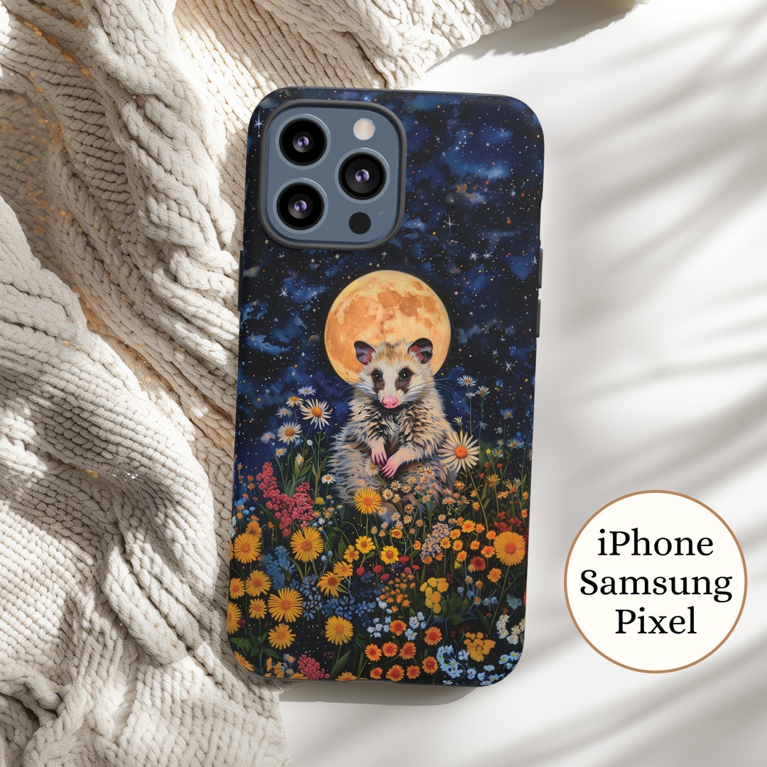 Mystical Opossum Phone Case, Whimsical Witchy Full Moon and Wildflowers ...