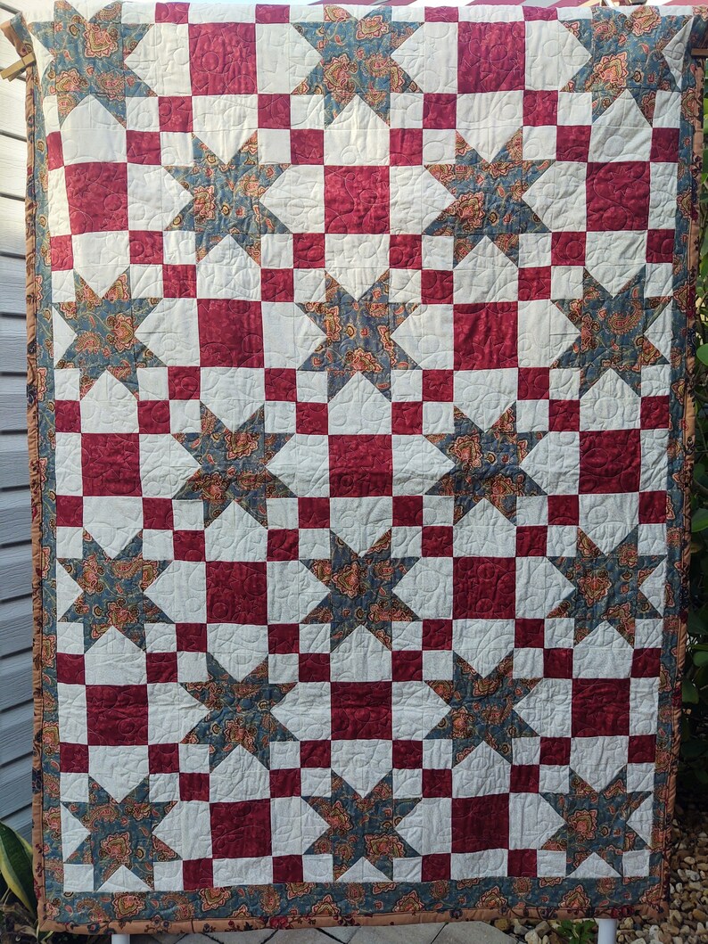Morning Star Lap Quilt Medium Blue With Deep Mauve and White on Cream ...