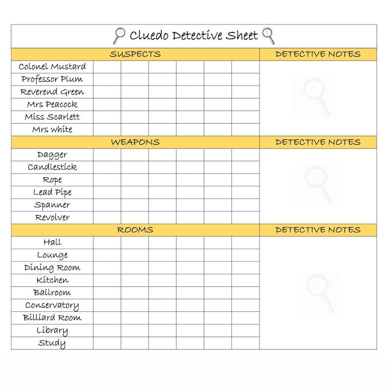 Cluedo Detective Sheet Printable PDF File - Etsy