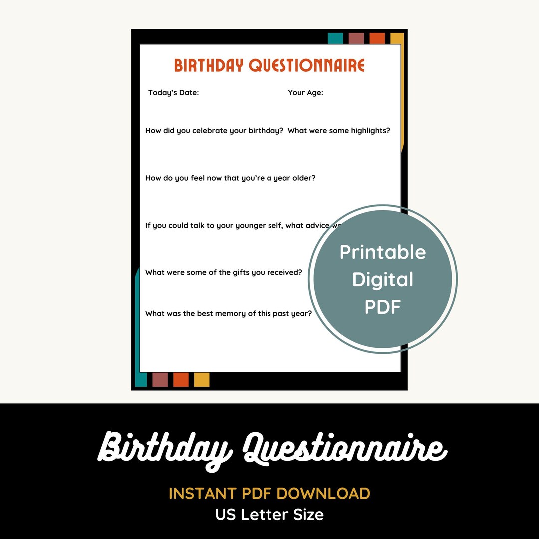 Printable Birthday Questionnaire for Teens Instant PDF Download Annual ...