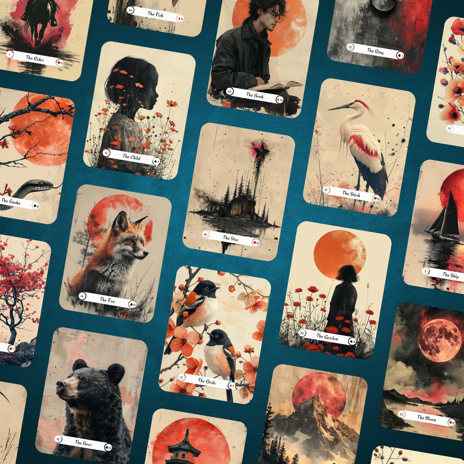 Japanese Art Deck, Red and Black Lenormand Cards, Lenormand Art Deck ...