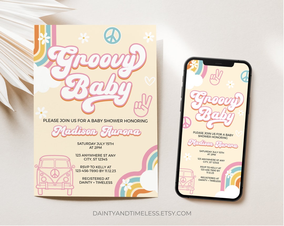 Retro Groovy Baby Shower Invitation Set, Hippie Rainbow Baby Shower ...