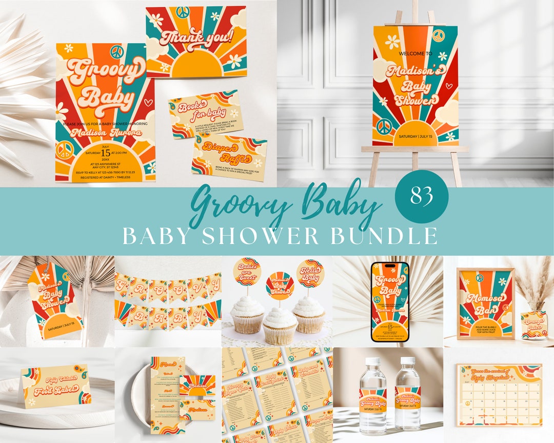 Retro Groovy Baby Shower Invitation Bundle, Hippie Rainbow Baby Shower ...