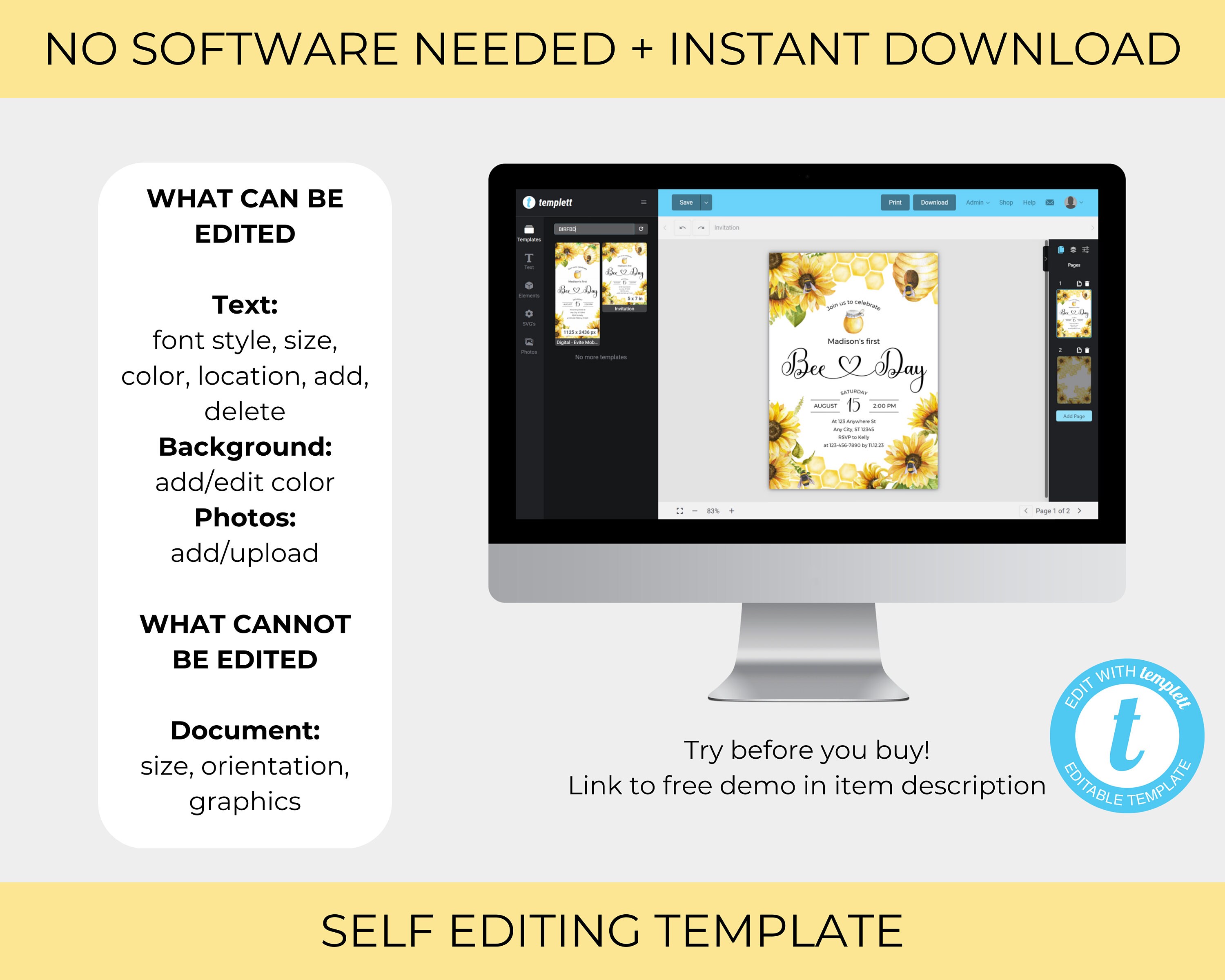 Editable First Bee Day Birthday Invitation: Honeycomb Theme (digital ...