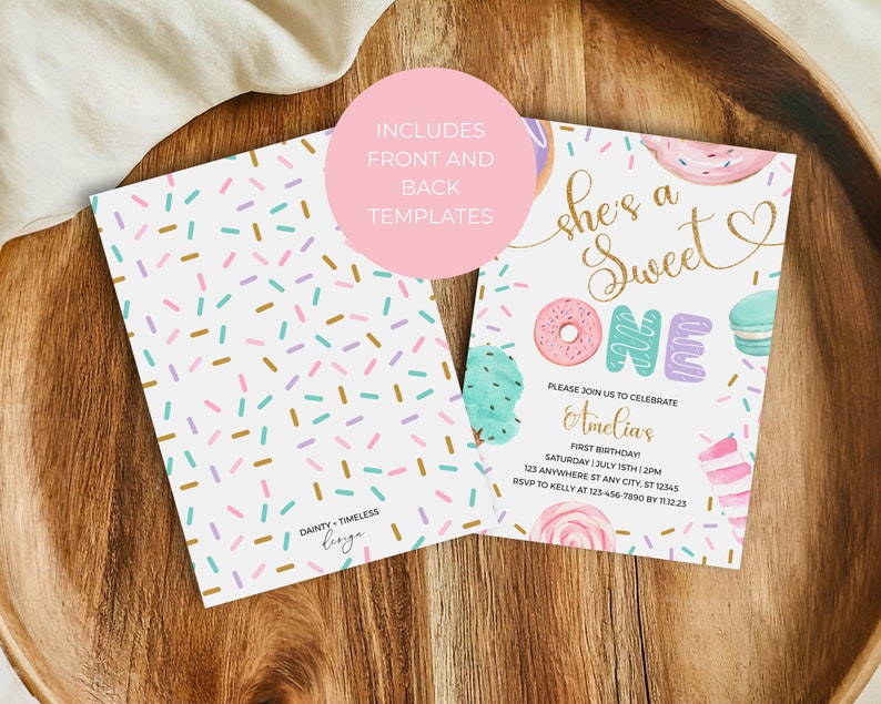 Editable Sweet One Birthday Invitation, Sweet 1st Birthday Theme, Pink ...