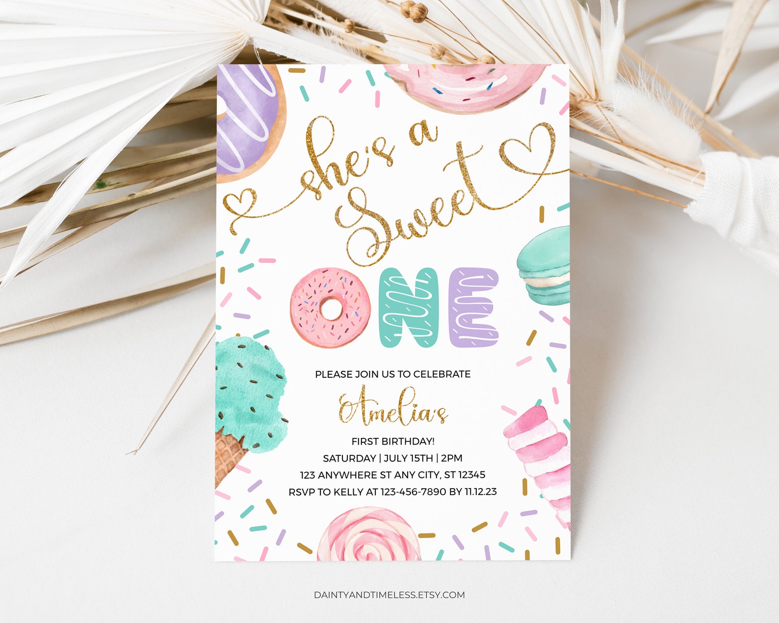 Editable Sweet One Birthday Invitation, Sweet 1st Birthday Theme, Pink ...