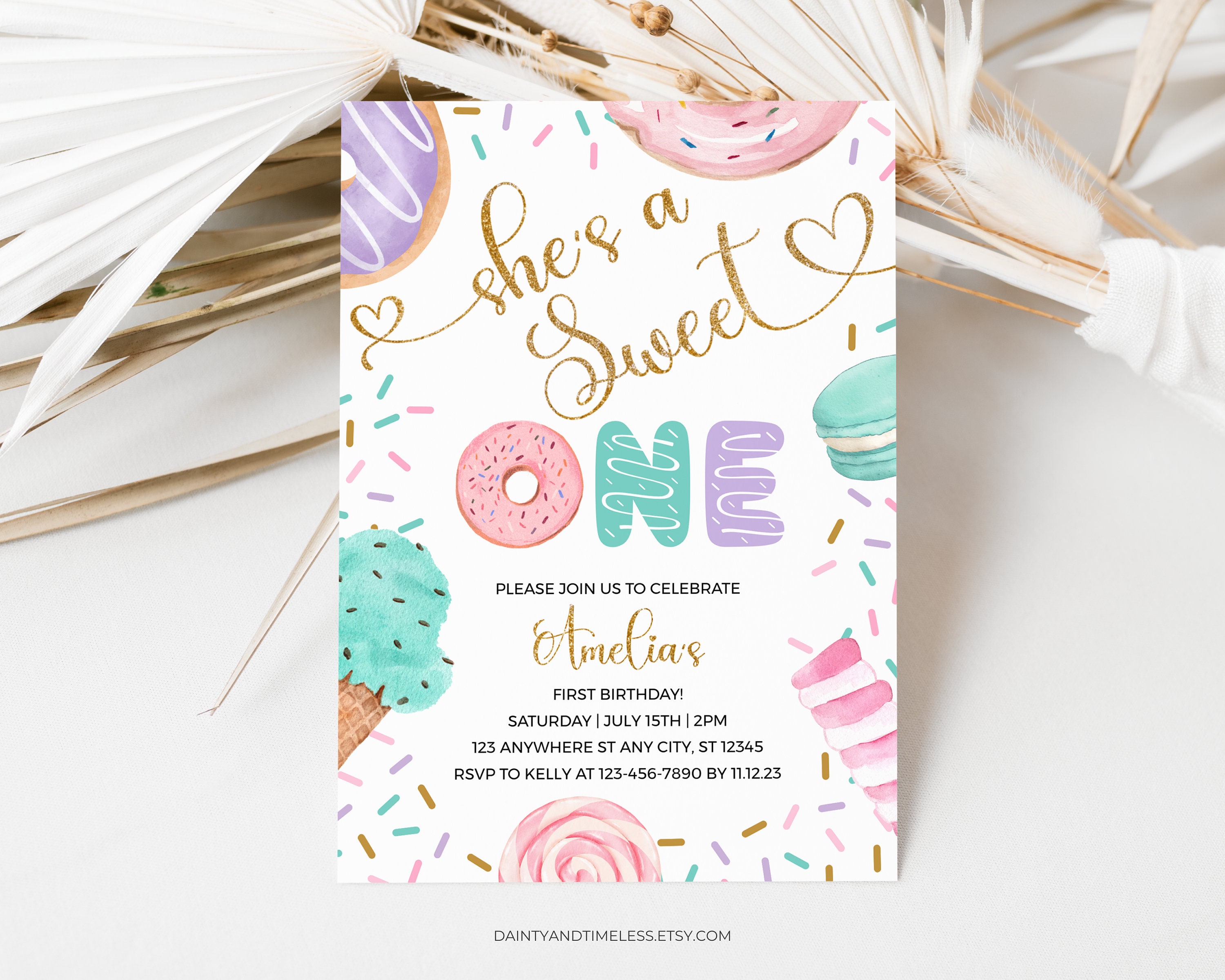 Editable Sweet One Birthday Invitation, Sweet 1st Birthday Theme, Pink ...