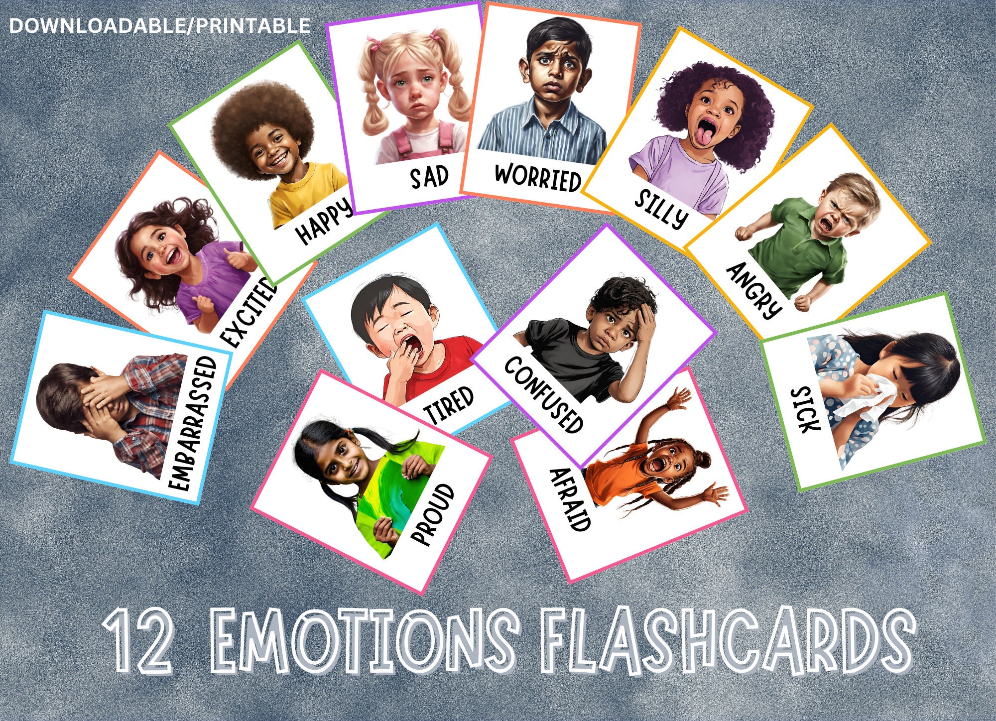 12 Emotions Flashcards, Feelings Flashcards, Printable Preschool ...