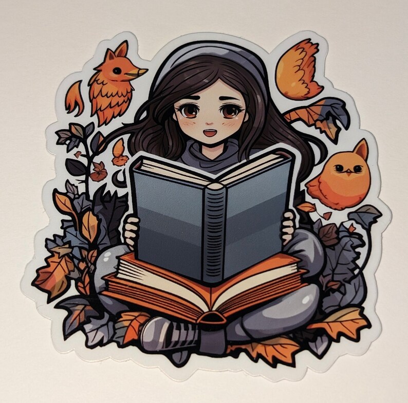 Girl Reading Books Sticker, Comes With 3 Different Size Stickers ...