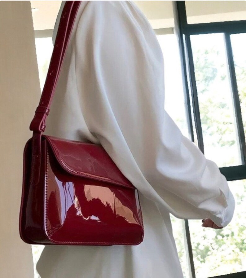 New Women Crossbody Bag Red Glossy Square Faux Leather Female Single ...